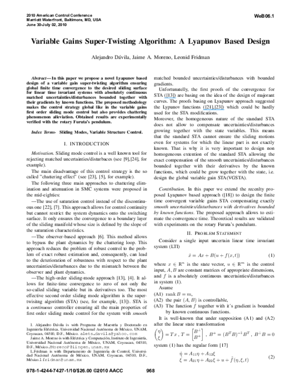 Pdf Variable Gains Super Twisting Algorithm A Lyapunov Based Design