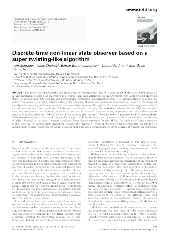 Pdf Discrete Time Non Linear State Observer Based On A Super Twisting Like Algorithm