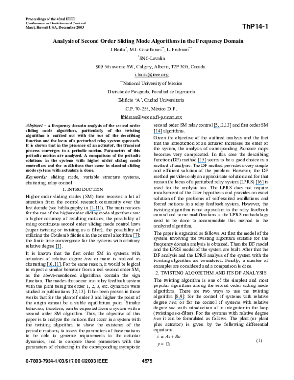 Pdf Analysis Of Second Order Sliding Mode Algorithms In The Frequency