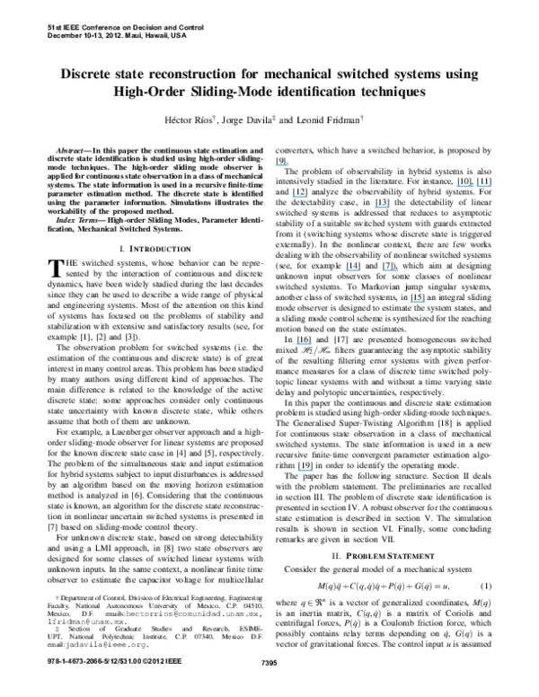 (PDF) Discrete state reconstruction for mechanical switched systems using high-order sliding ...