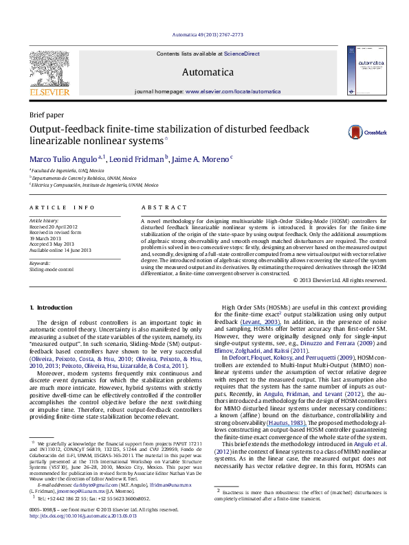 (PDF) Finite-Time Stabilization of Disturbed LTI Systems via HOSM (PDF) Finite-Time Stabilization of Disturbed LTI Systems via HOSM