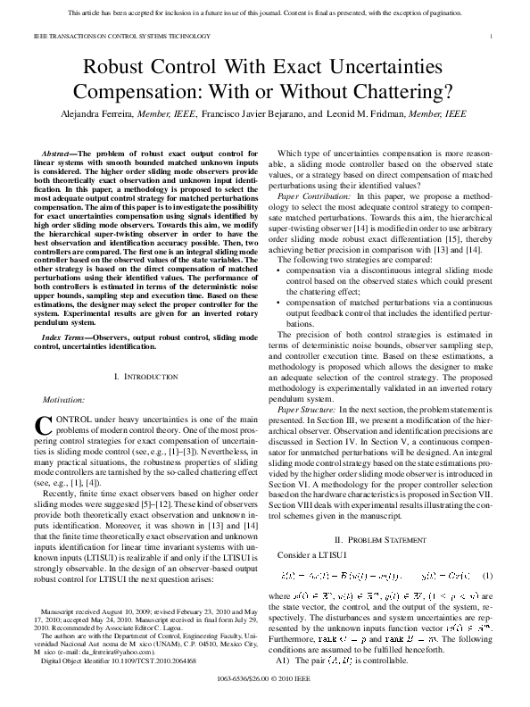 (PDF) Robust Control With Exact Uncertainties Compensation: With or ...
