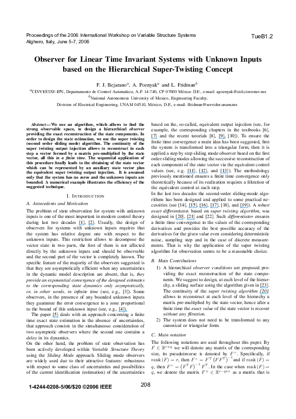 Pdf Observer For Linear Time Invariant Systems With Unknown Inputs Based On The Hierarchical