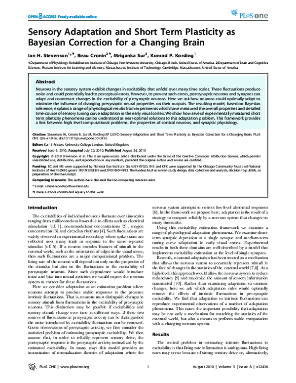 (PDF) Sensory Adaptation and Short Term Plasticity as Bayesian ... (PDF) Sensory Adaptation and Short Term Plasticity as Bayesian ...