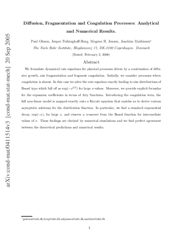 (PDF) Diffusion, fragmentation, and coagulation processes: Analytical ... (PDF) Diffusion, fragmentation, and coagulation processes: Analytical ...
