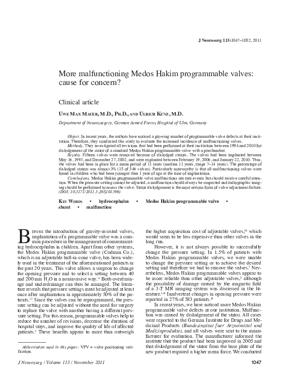 (PDF) More malfunctioning Medos Hakim programmable valves: cause for ...