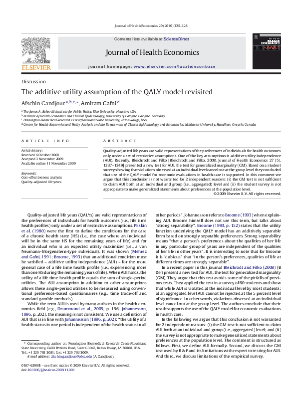 (PDF) The additive utility assumption of the QALY model revisited