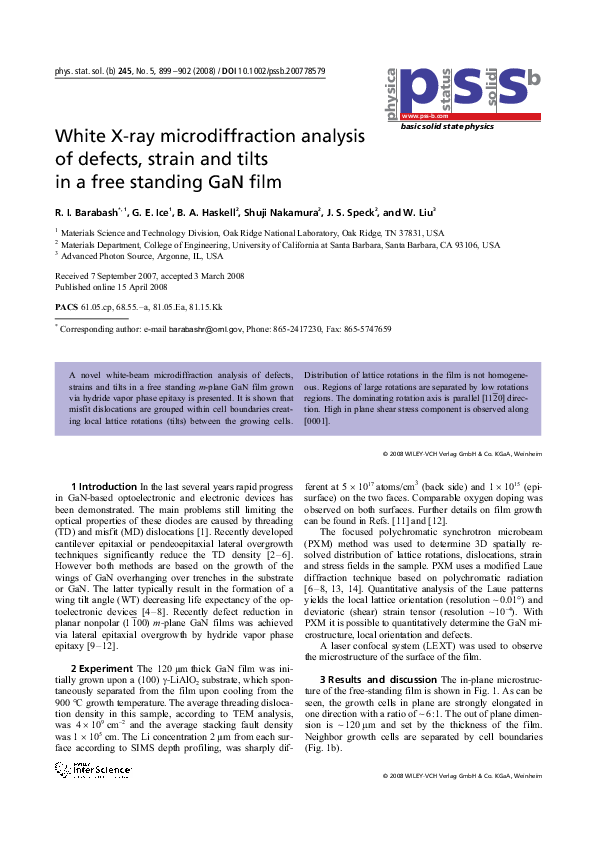 (PDF) White X-ray microdiffraction analysis of defects, strain and tilts in a free standing GaN film