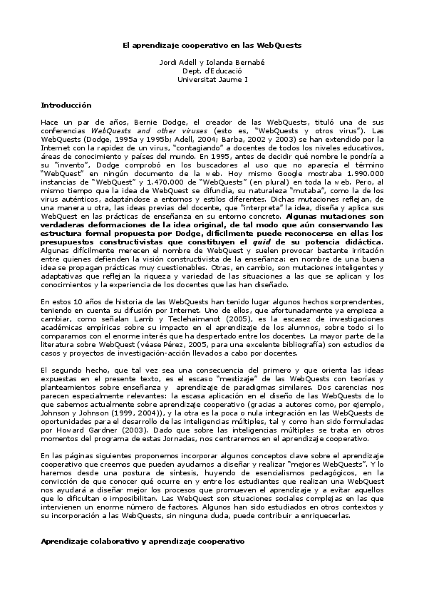 (PDF) El aprendizaje cooperativo en las WebQuests