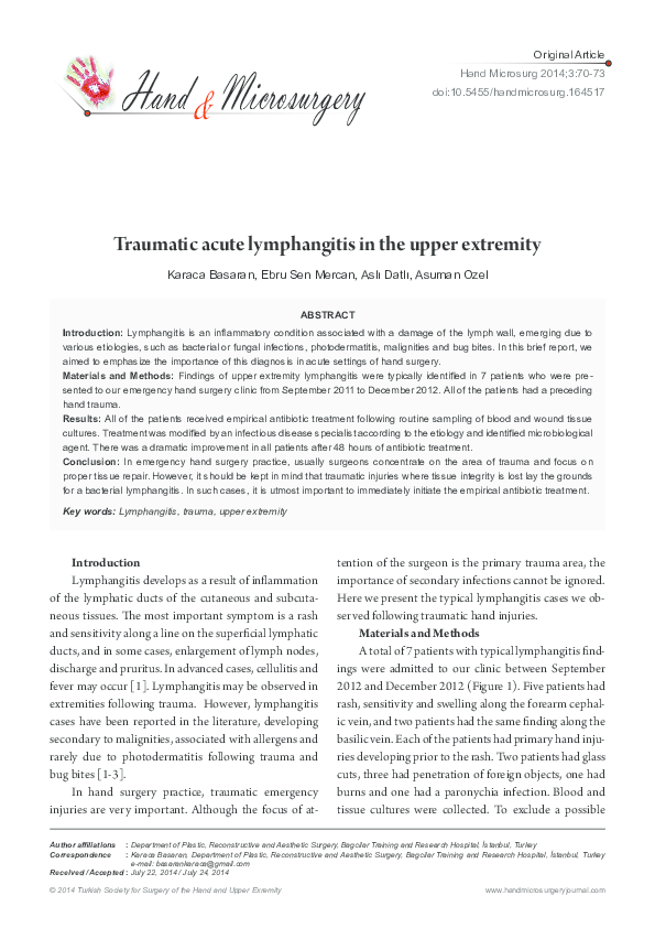 (PDF) Traumatic acute lymphangitis in the upper extremity, case report