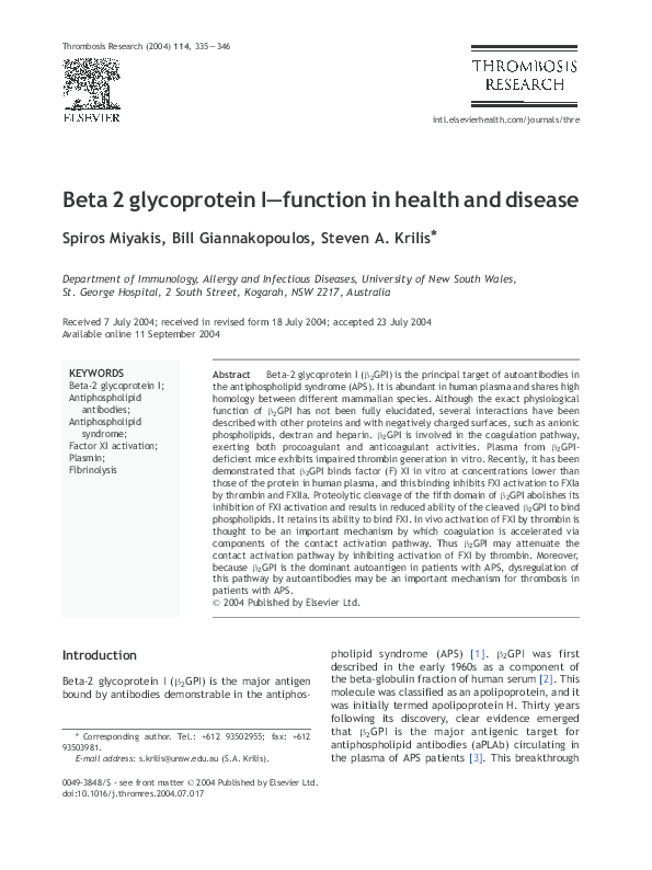 (PDF) Beta 2 glycoprotein I-function in health and disease