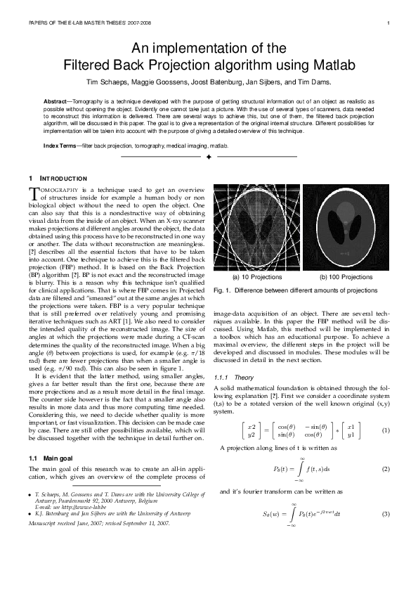 Pdf An Implementation Of The Filtered Back Projection Algorithm Using