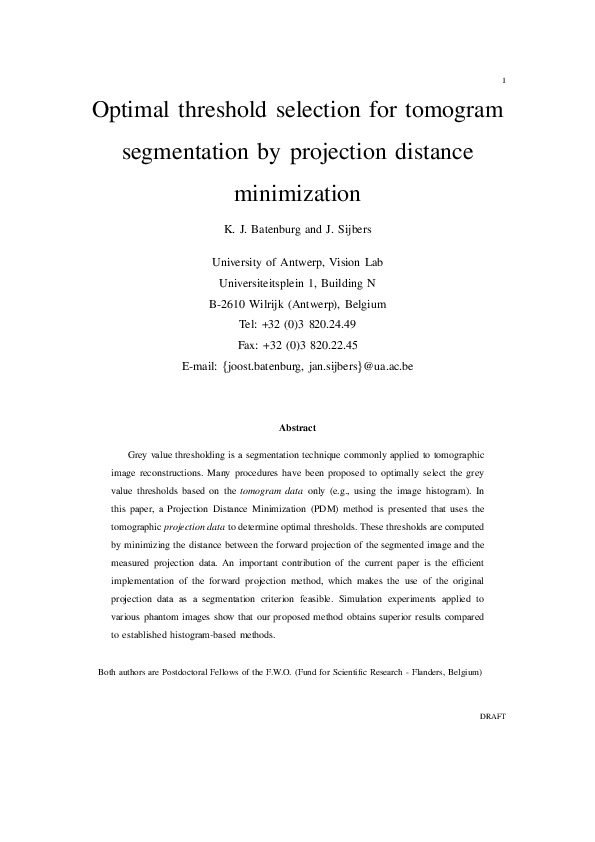 Pdf Optimal Threshold Selection For Tomogram Segmentation By Projection Distance Minimization