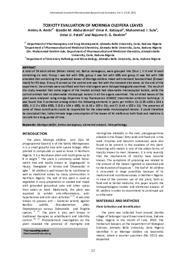 (PDF) Toxicity Evaluation of Moringa Oleifera Leaves