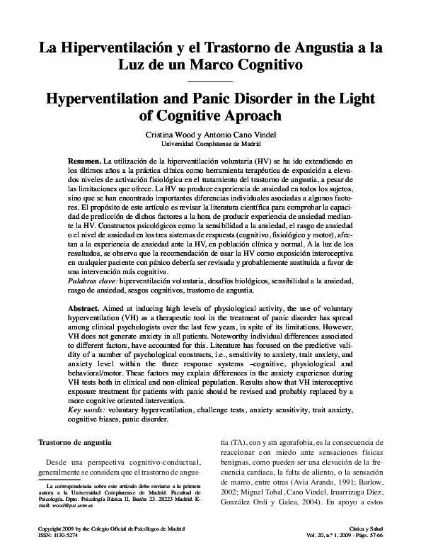 (PDF) La Hiperventilación y el Trastorno de Angustia a la Luz de un Marco Cognitivo ...