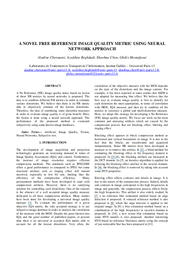 (PDF) A novel free reference image quality metric using neural network approach