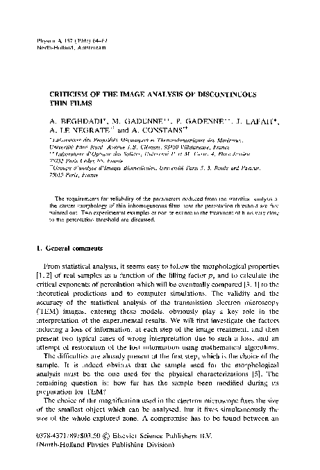 (PDF) Criticism of the image analysis of discontinuous thin films