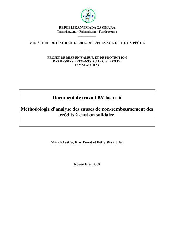 (PDF) Document de travail BV lac n 6 Méthodologie d’analyse des causes de non-remboursement des ...