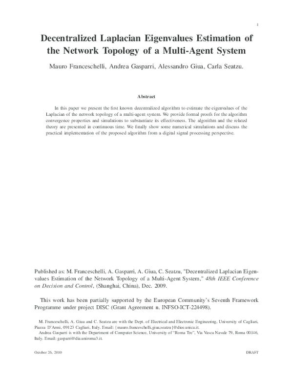 (PDF) Decentralized Laplacian eigenvalues estimation for networked multi-agent systems