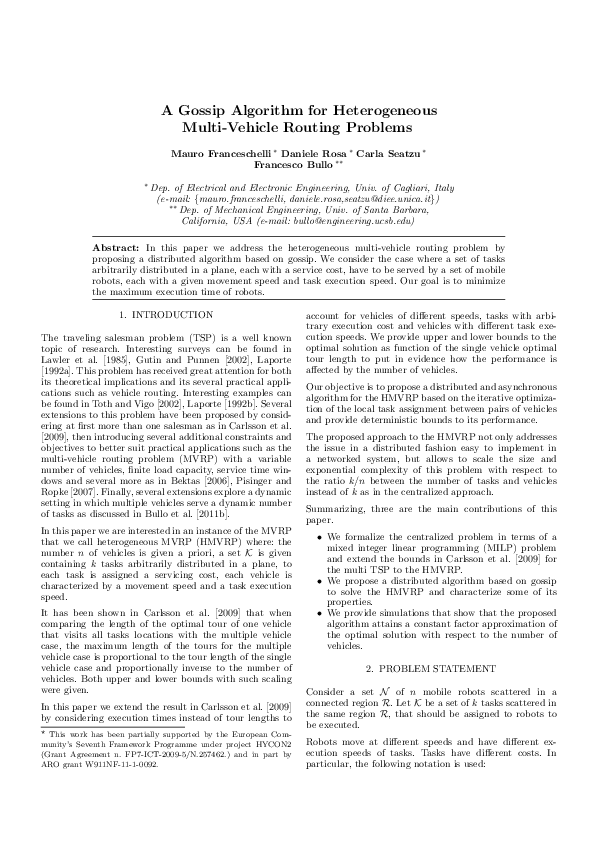 Pdf A Gossip Algorithm For Heterogeneous Multi Vehicle Routing Problems