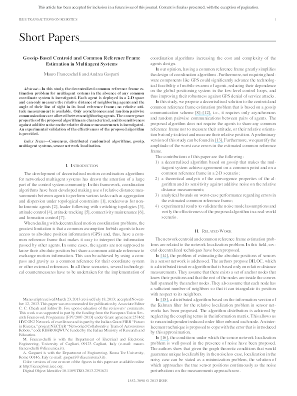 (PDF) Gossip-based centroid and common reference frame estimation in ...