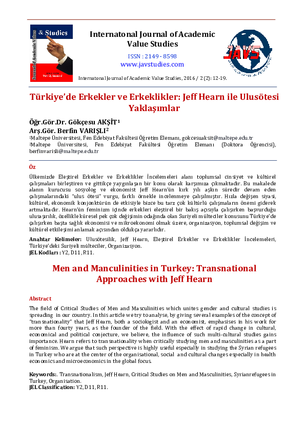 (PDF) Türkiye'de Erkekler ve Erkeklikler: Jeff Hearn ile Ulusötesi ...