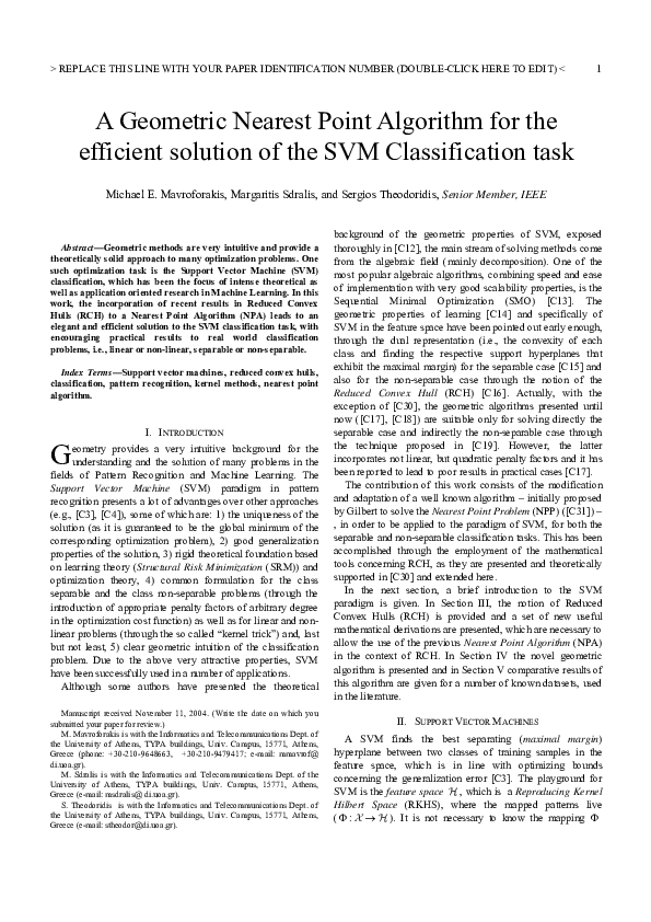A Geometric Nearest Point Algorithm For The Efficient Solution Of The Svm Classification Task