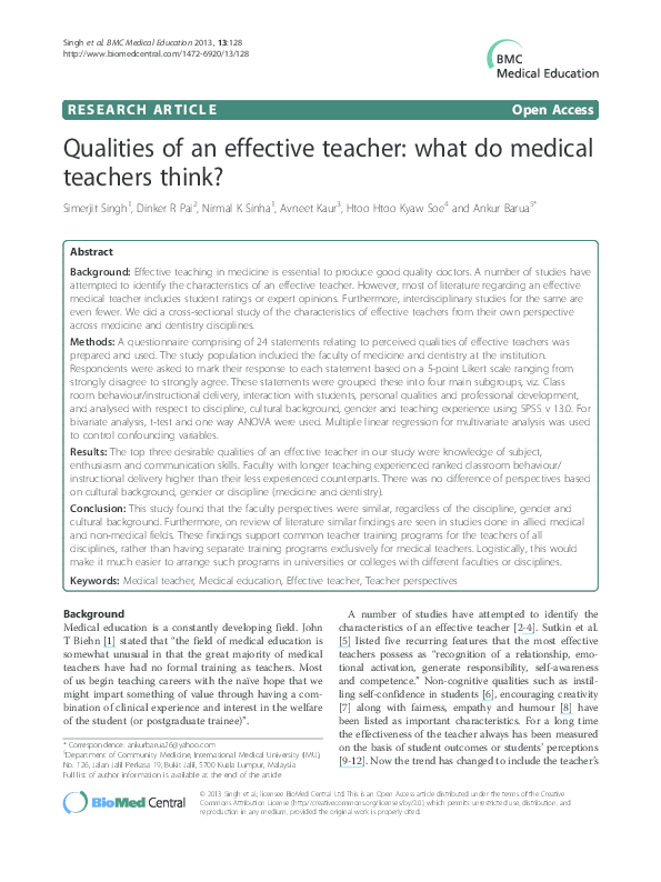 (PDF) Qualities of an effective teacher: what do medical teachers think?