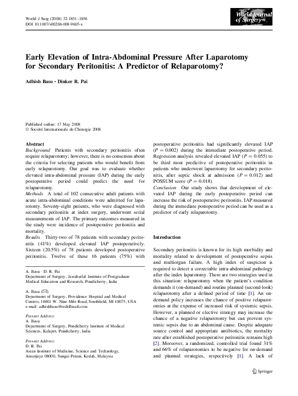 (PDF) Early Elevation of Intra-Abdominal Pressure After Laparotomy for ...