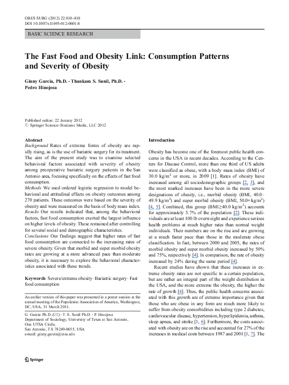 (PDF) The Fast Food and Obesity Link: Consumption Patterns and Severity ...