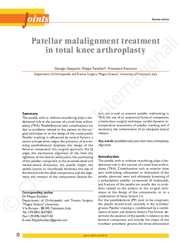 (PDF) Patellar malalignment treatment in total knee arthroplasty