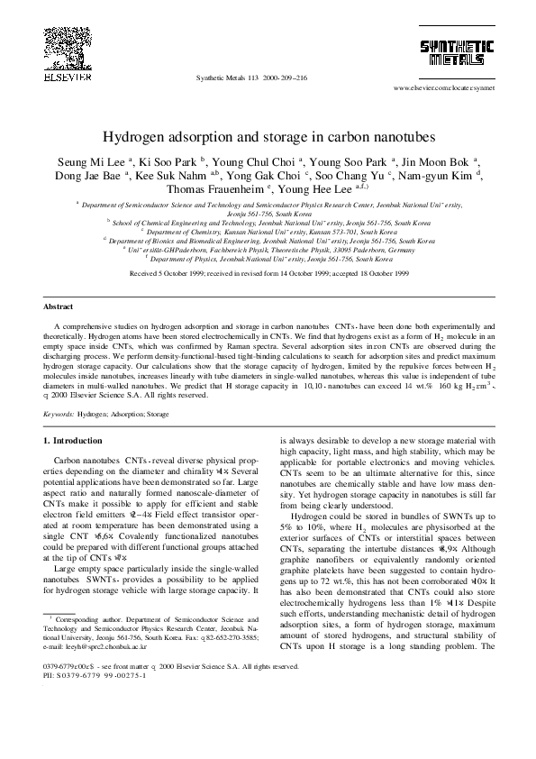(PDF) Hydrogen adsorption and storage in carbon nanotubes
