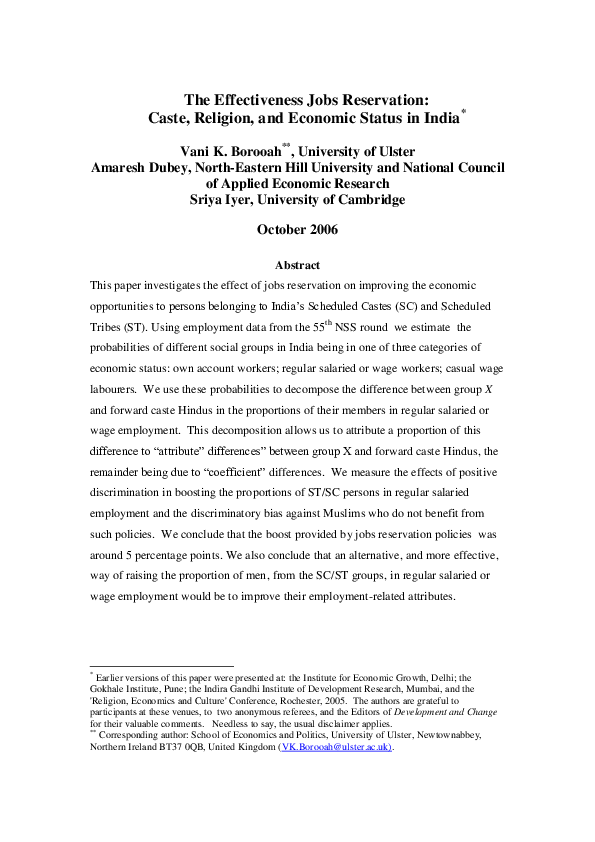 (PDF) The Effectiveness of Jobs Reservation: Caste, Religion and ...