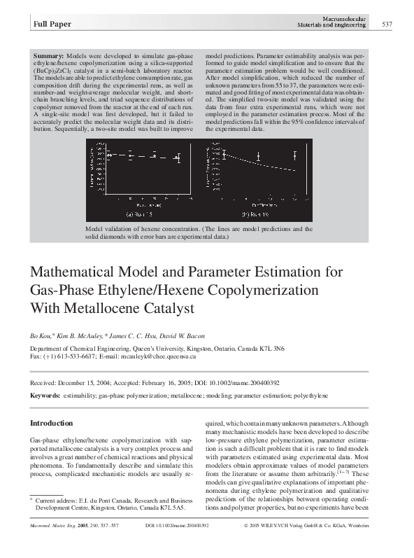 (PDF) Mathematical Model and Parameter Estimation for Gas-Phase Ethylene/Hexene Copolymerization ...