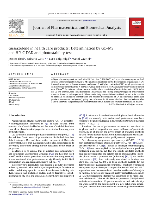 (PDF) Guaiazulene in health care products: Determination by GC–MS and ...