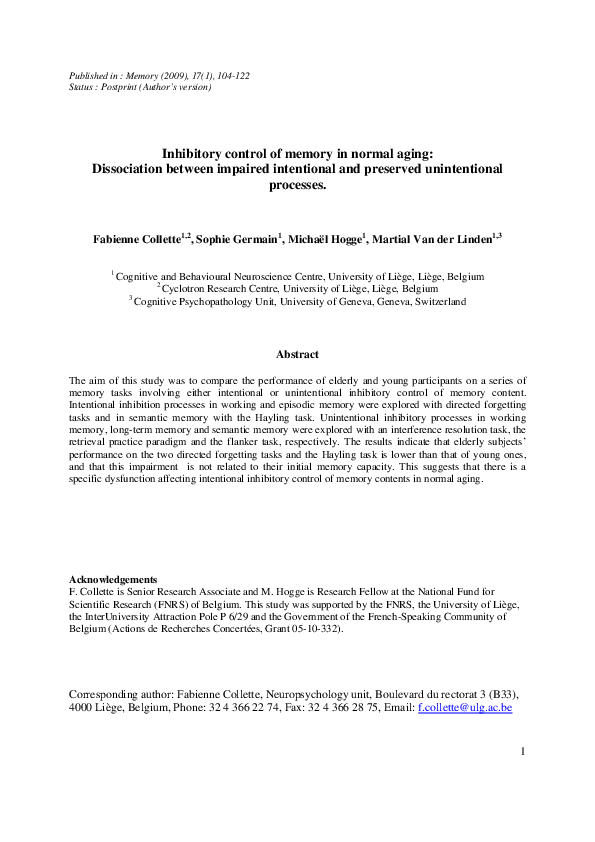 (PDF) Inhibitory control of memory in normal ageing: Dissociation between impaired intentional ...