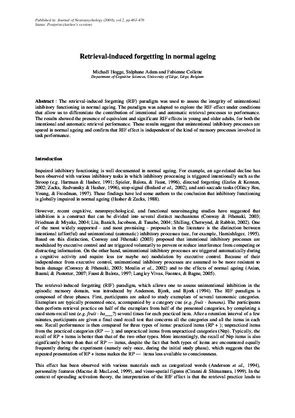 (PDF) Retrieval-induced forgetting in normal ageing