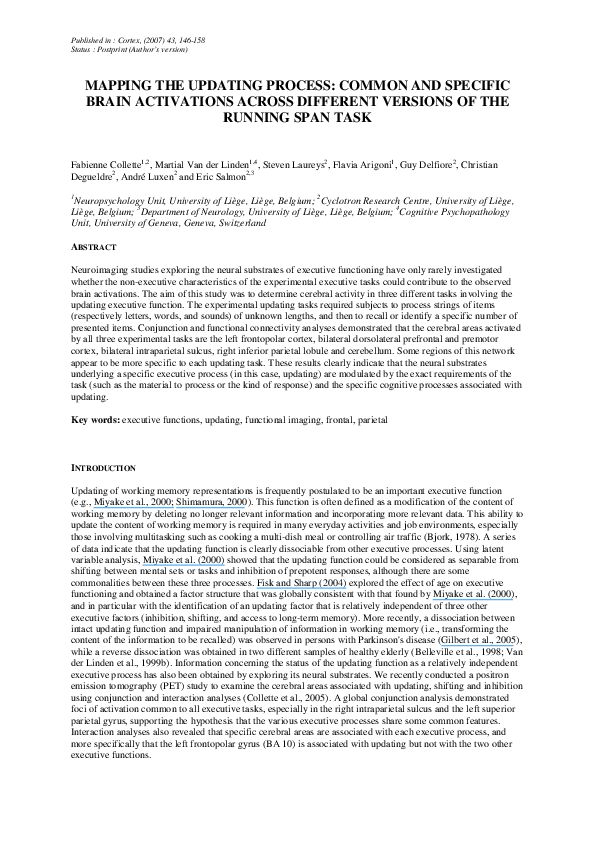 Pdf Mapping The Updating Process Common And Specific Brain