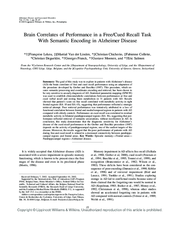 (PDF) Brain Correlates of Performance in a Free/Cued Recall Task With ...