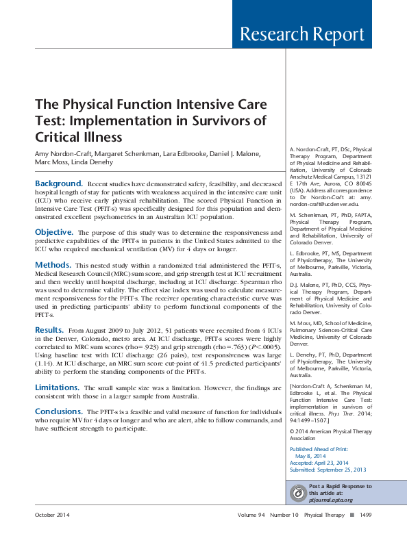 (PDF) The Physical Function Intensive Care Test: Implementation in ...