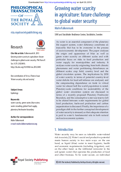 (PDF) Growing water scarcity in agriculture: future challenge to global ...