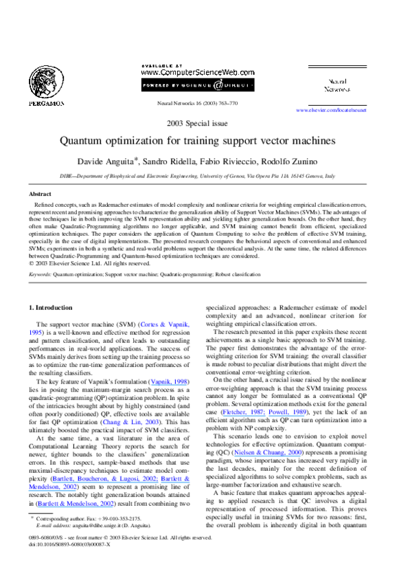 (PDF) Quantum optimization for training support vector machines