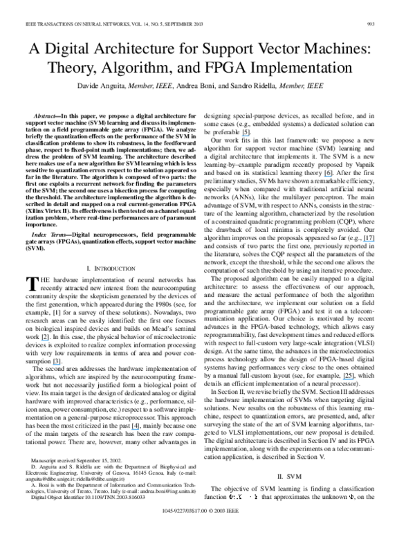 (PDF) A digital architecture for support vector machines: theory, algorithm, and fpga implementation