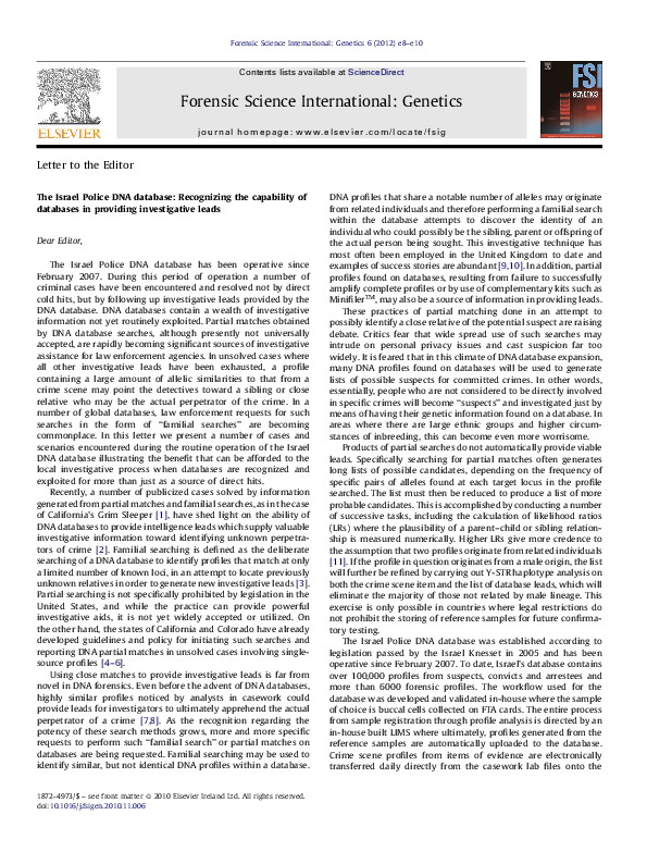 (PDF) The Israel Police DNA database: Recognizing the capability of ...