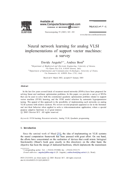 Pdf Neural Network Learning For Analog Vlsi Implementations Of Support Vector Machines A Survey