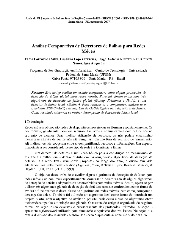 (PDF) Análise Comparativa de Detectores de Falhas para Redes Móveis