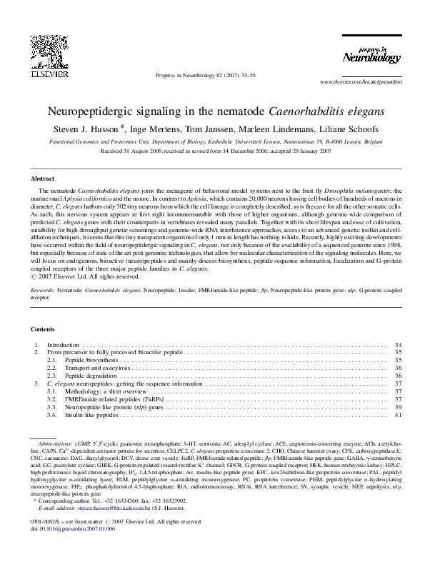(PDF) Neuropeptidergic signaling in the nematode Caenorhabditis elegans
