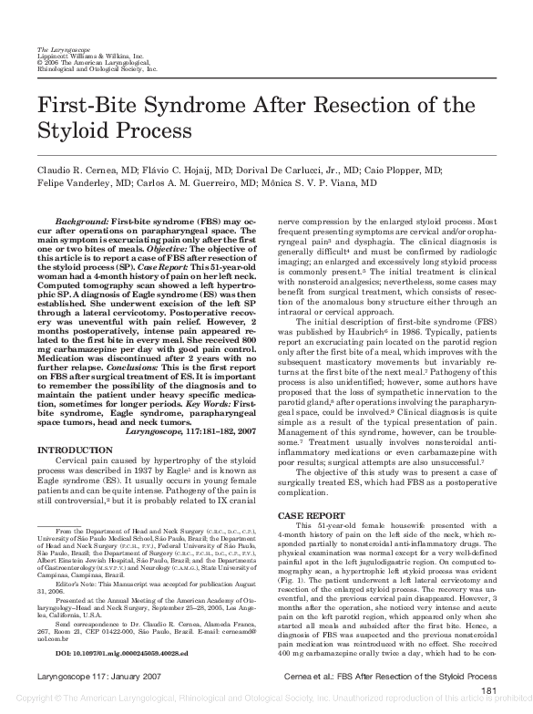 (PDF) First-Bite Syndrome After Resection of the Styloid Process