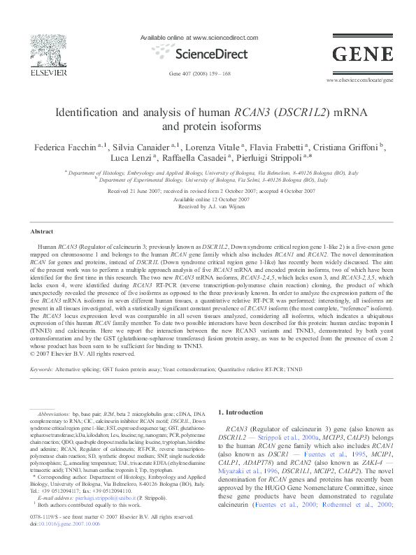 (PDF) Identification and analysis of human RCAN3 (DSCR1L2) mRNA and ...