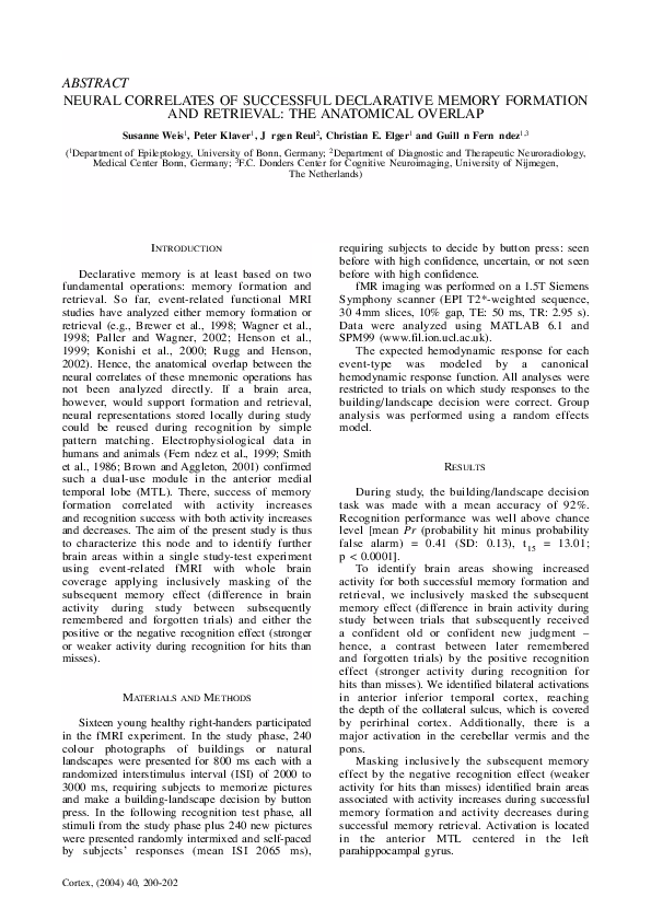 Neural Correlates Of Successful Declarative Memory Formation And Retrieval The Anatomical Overlap
